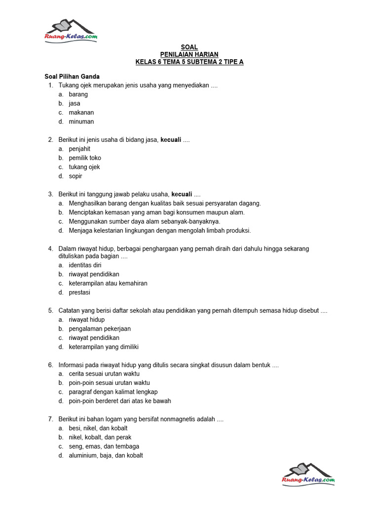 PH Kelas 6 SD Tema 5 Sub Tema 2 Tipe A & B Tahun 2021-2022 | PDF
