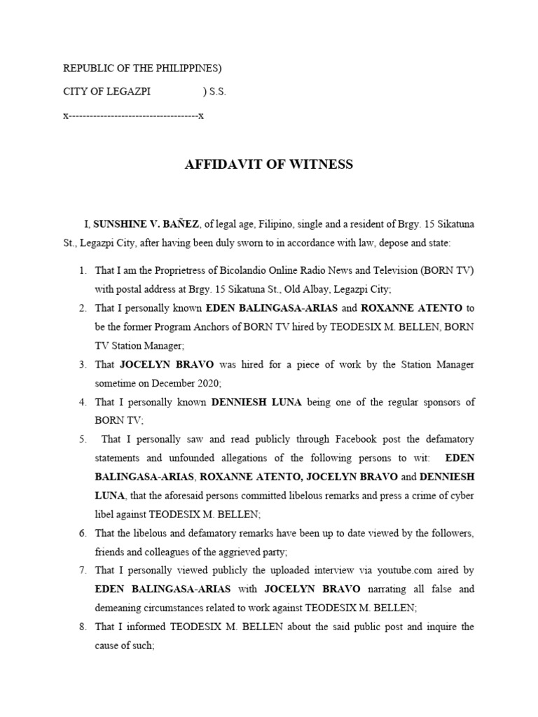 Affidavit on Cyber Libel Case in Legazpi | PDF | Affidavit | Defamation