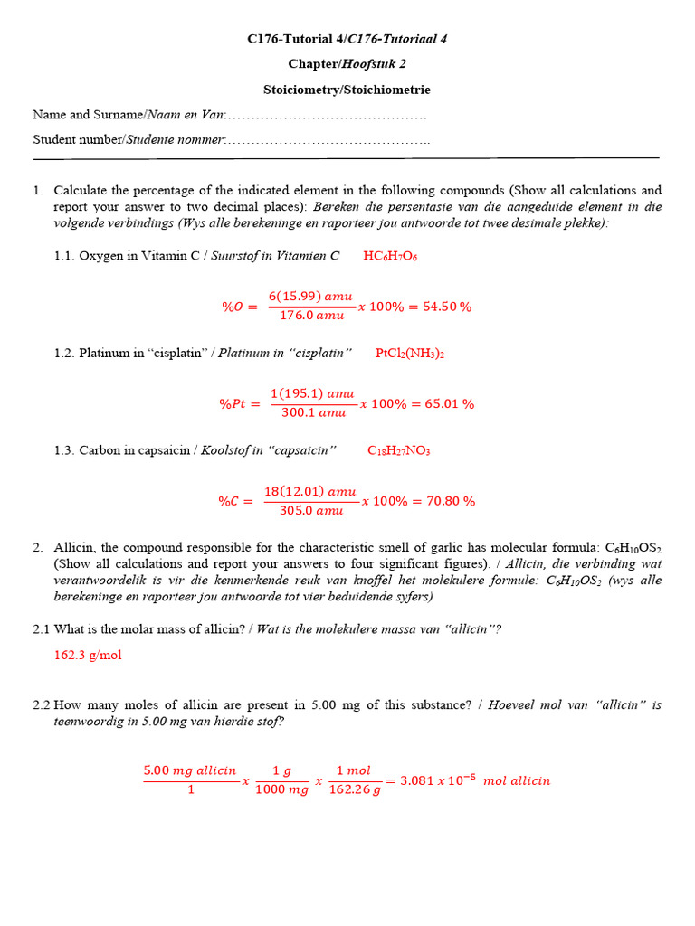 Tutorial 4 Tutoriaal 4 - Memo | PDF | Mole (Unit) | Glucose