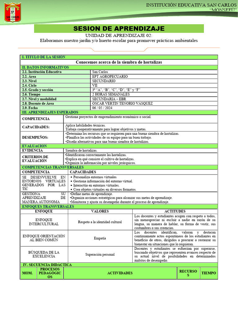 Sesion de Aprendizaje: Conocemos Acerca de La Siembra de Hortalizas ...