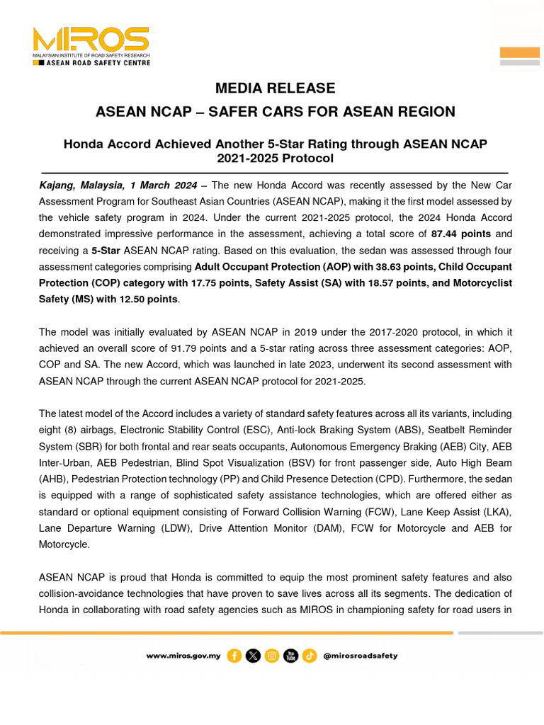 Honda Accord 5-Star ASEAN NCAP Rating | PDF | Traffic Collision ...