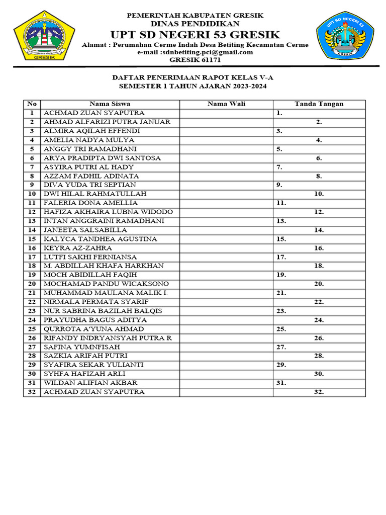 Daftar Penerimaan Dan Pengambilan Rapot | PDF
