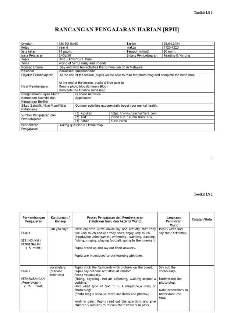 Tool Kit LS 1 Template RPH CSY | PDF | Cognition | Behavior Modification