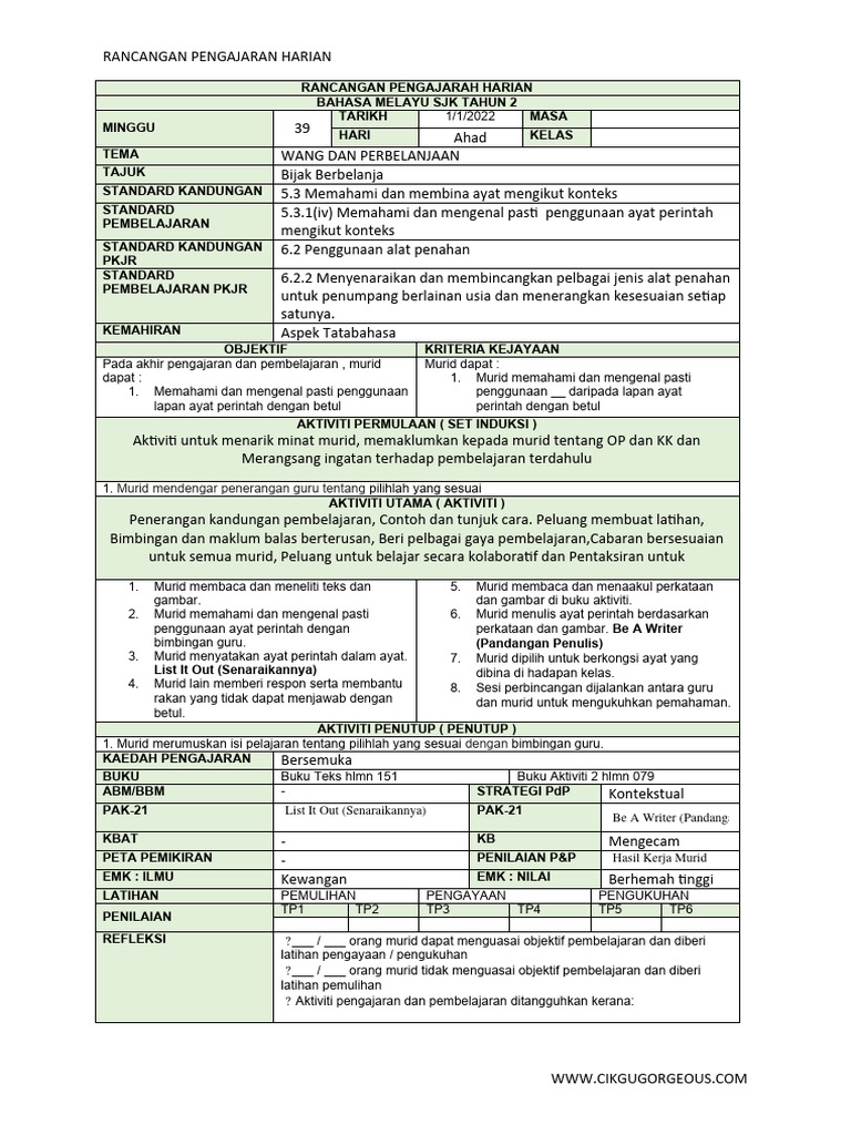 RPH Minggu 40 BM SJK THN 2 by Cikgu Gorgeous | PDF