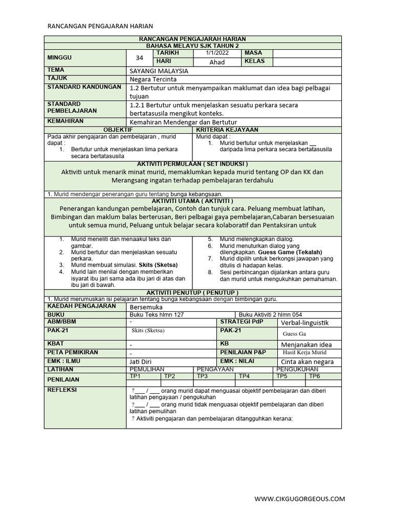 RPH Minggu 34 BM SJK THN 2 by Cikgu Gorgeous 6.1 | PDF