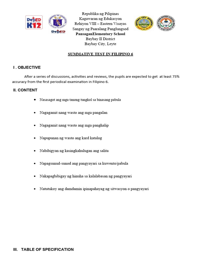 PT - Tos Filipino 6 K To 12 | PDF