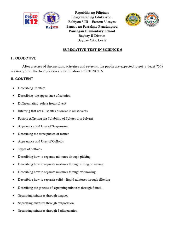 PT - Tos - Science 6 K To 12 | PDF | Mixture | Solubility