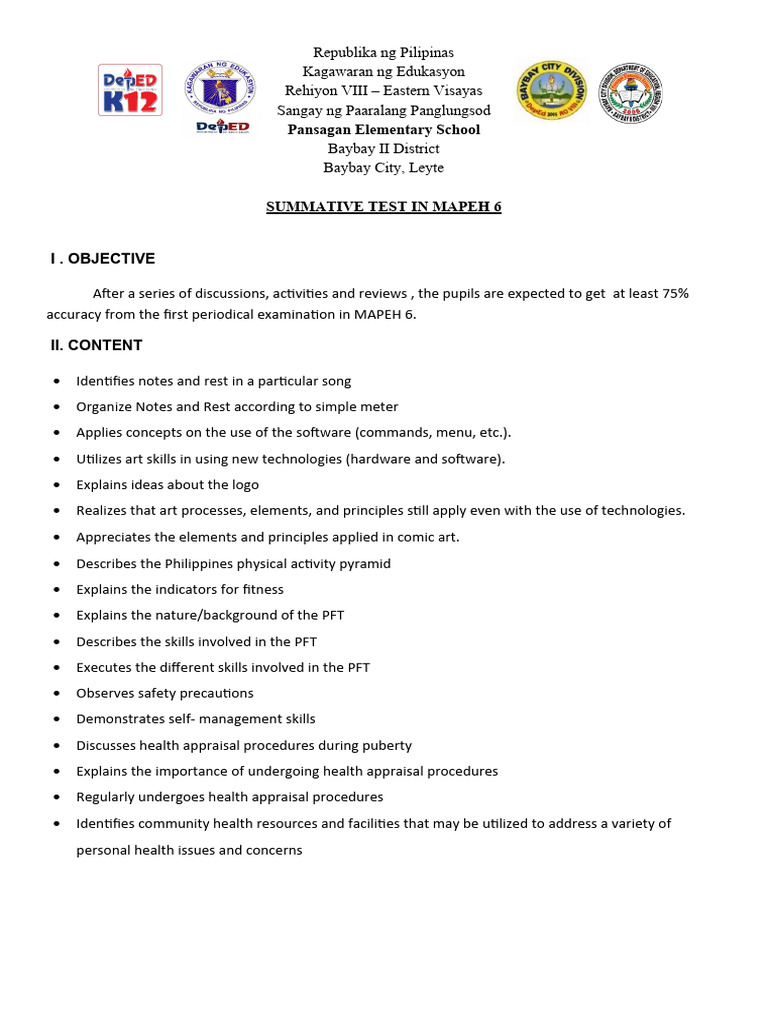 PT - Tos Mapeh K To 12 | Download Free PDF | Graphics | Physical Fitness