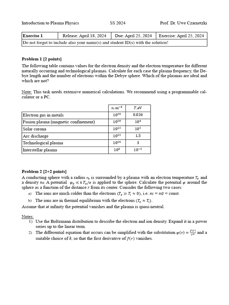 Plasma Exercise 1 SS2024 | PDF | Plasma (Physics) | Electron