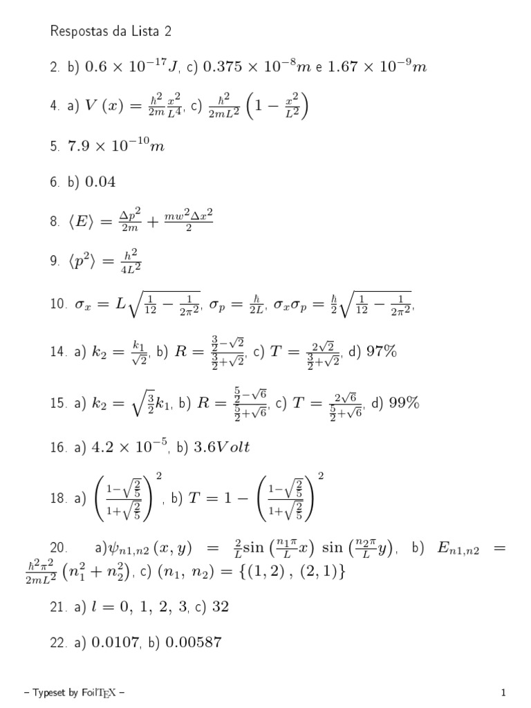 Respostas Lista2 Fisica Quantica 3Q2018 | PDF