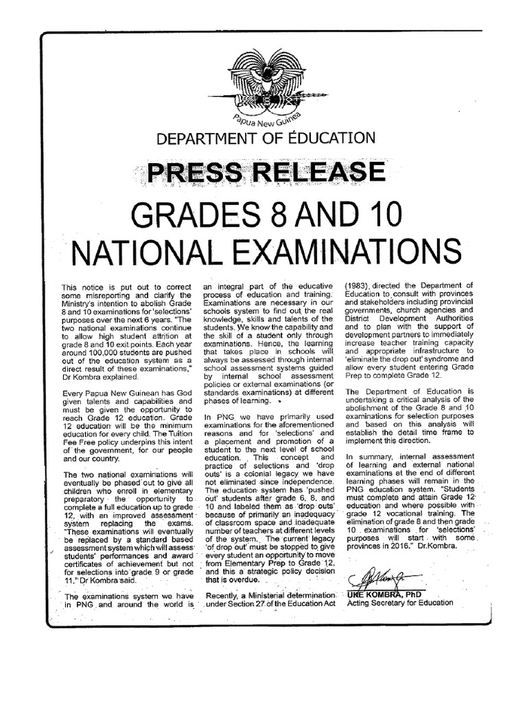 PNG Dept of Ed Exam Press Release | PDF