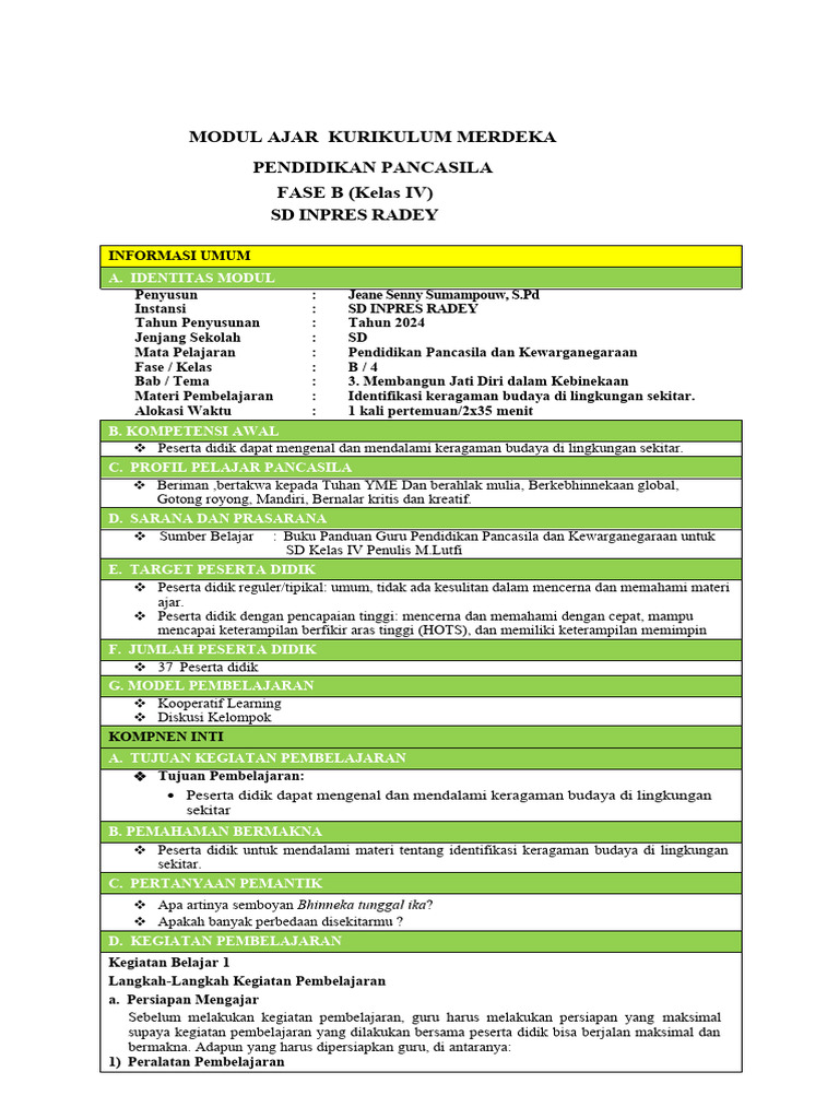 Modul Ajar Kurikulum Merdeka Pendidikan Pancasila FASE B (Kelas IV) SD ...