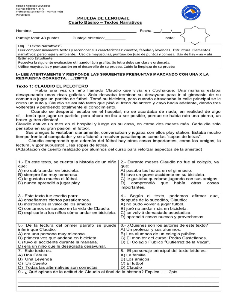 Prueba 1 de Lenguaje Cuartos 2024 | PDF