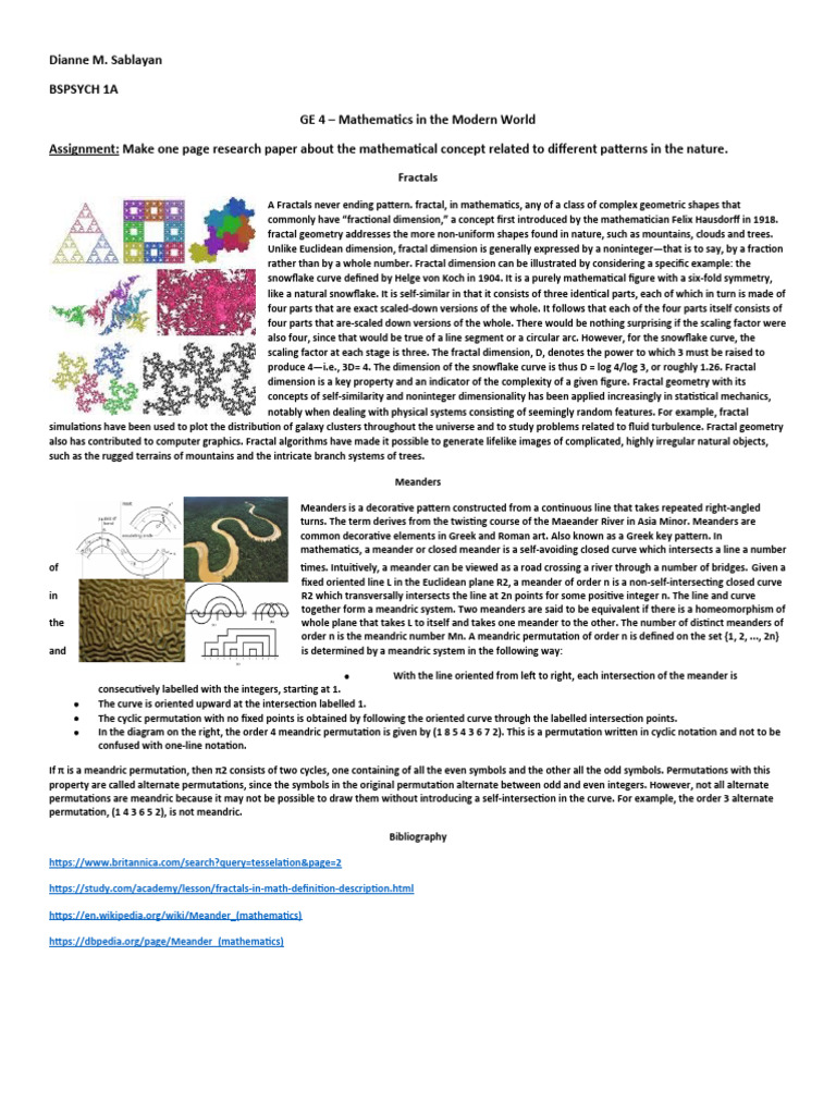 GE 4-Assignment #1 Dianne M. Sablayan | PDF | Fractal | Permutation
