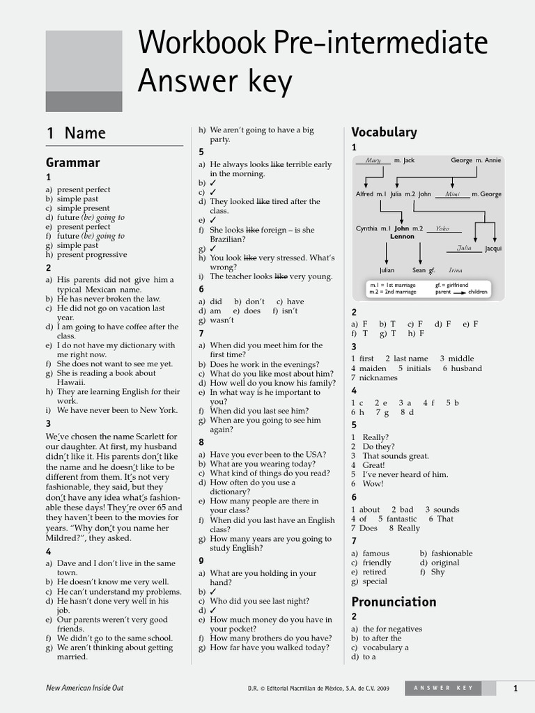 Workbook Pre Intermediate Answer Key 1 N | PDF