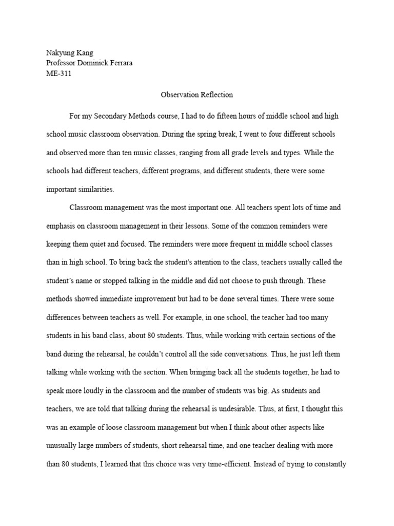 Nakyung Kang Me-311 Observation Reflection | PDF | Teachers | Classroom