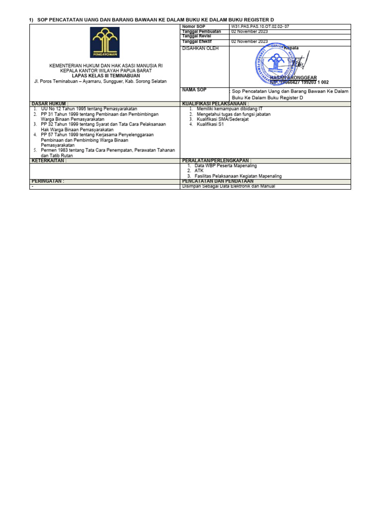 SOP Pencatatan Barang Lapas | PDF