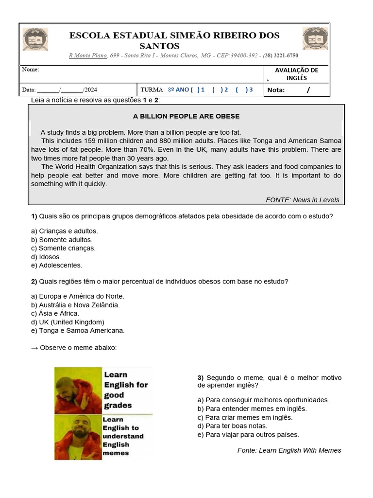 Prova Recuperação B 8 Ano 1 Bimestre Pdf 1483
