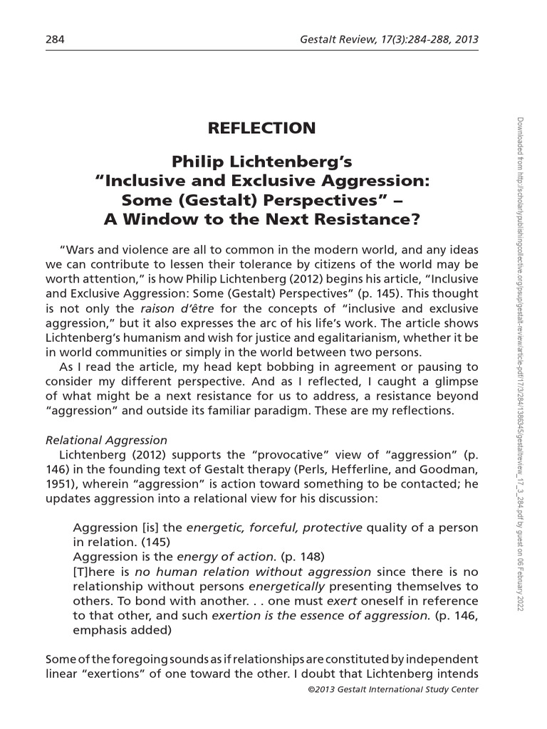 Reflection Philip Lichtenbergs Inclusive | PDF | Gestalt Therapy | Aggression