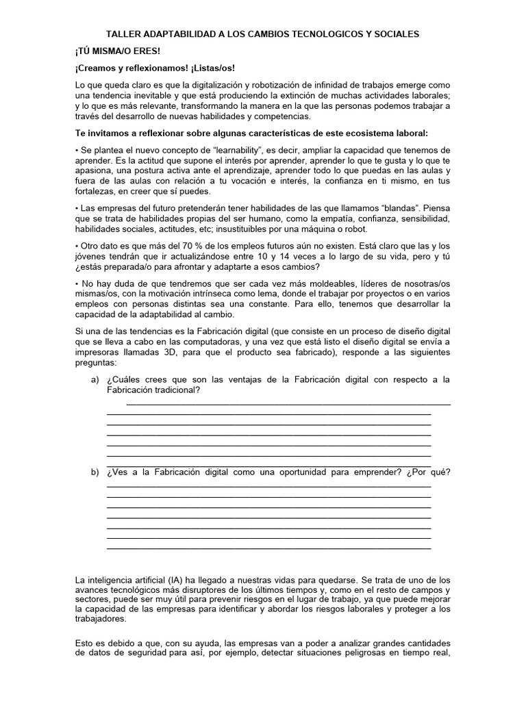 Taller Adaptabilidad A Los Cambios Tecnologicos y Sociales | PDF ...