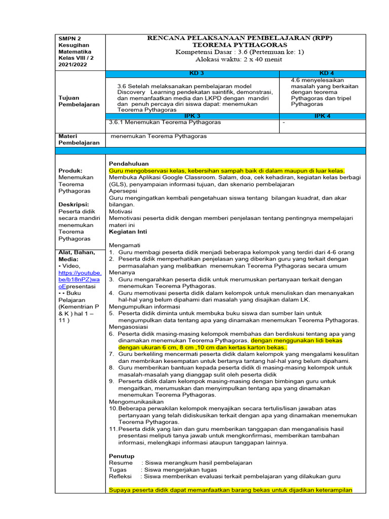 1 RPP MTK 8 BARU TEOREMA PYTHAGORAS - Ok | PDF