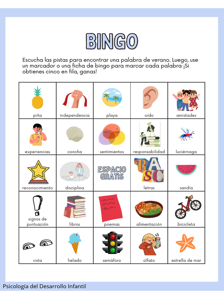 Colorido Ilustrado Bingo de Verano para Terapia Del Habla | PDF