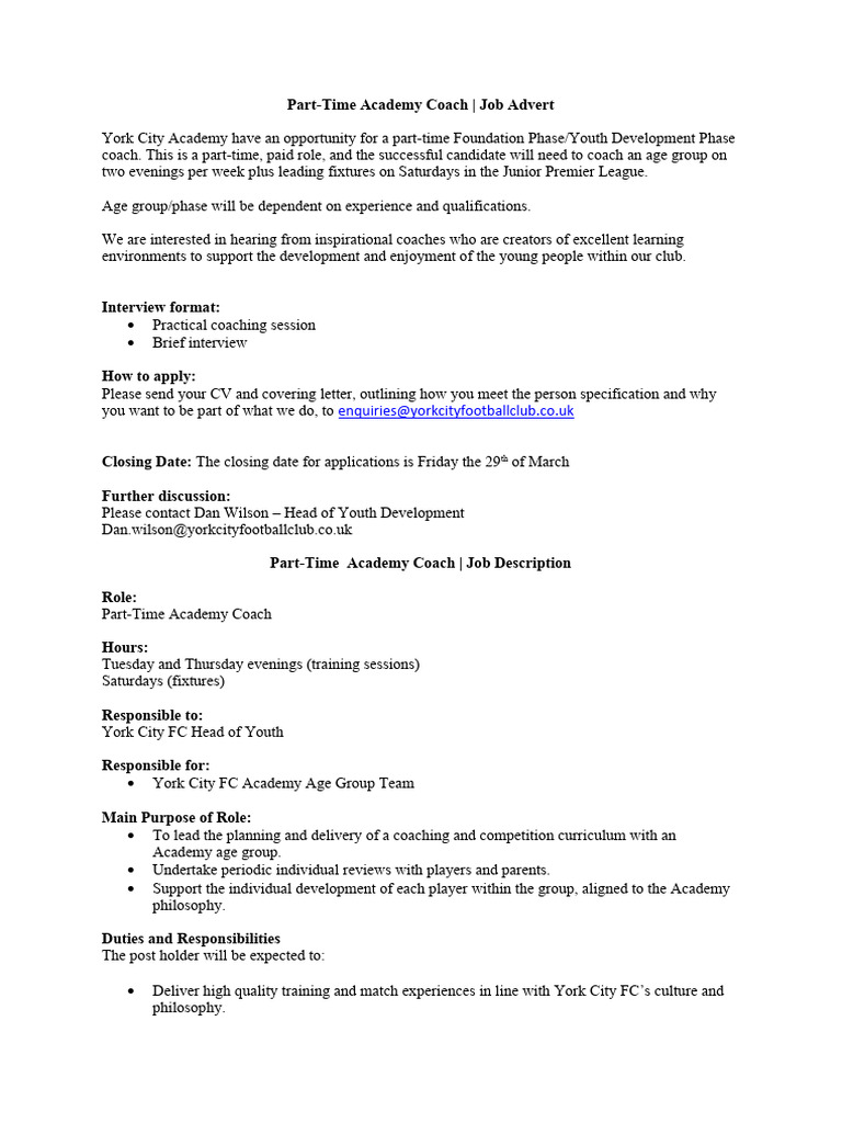 Part-Time Academy Coach Job Opening | PDF | Employment