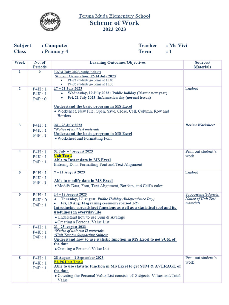 SOW Computer P4 | PDF | Microsoft Excel | Worksheet