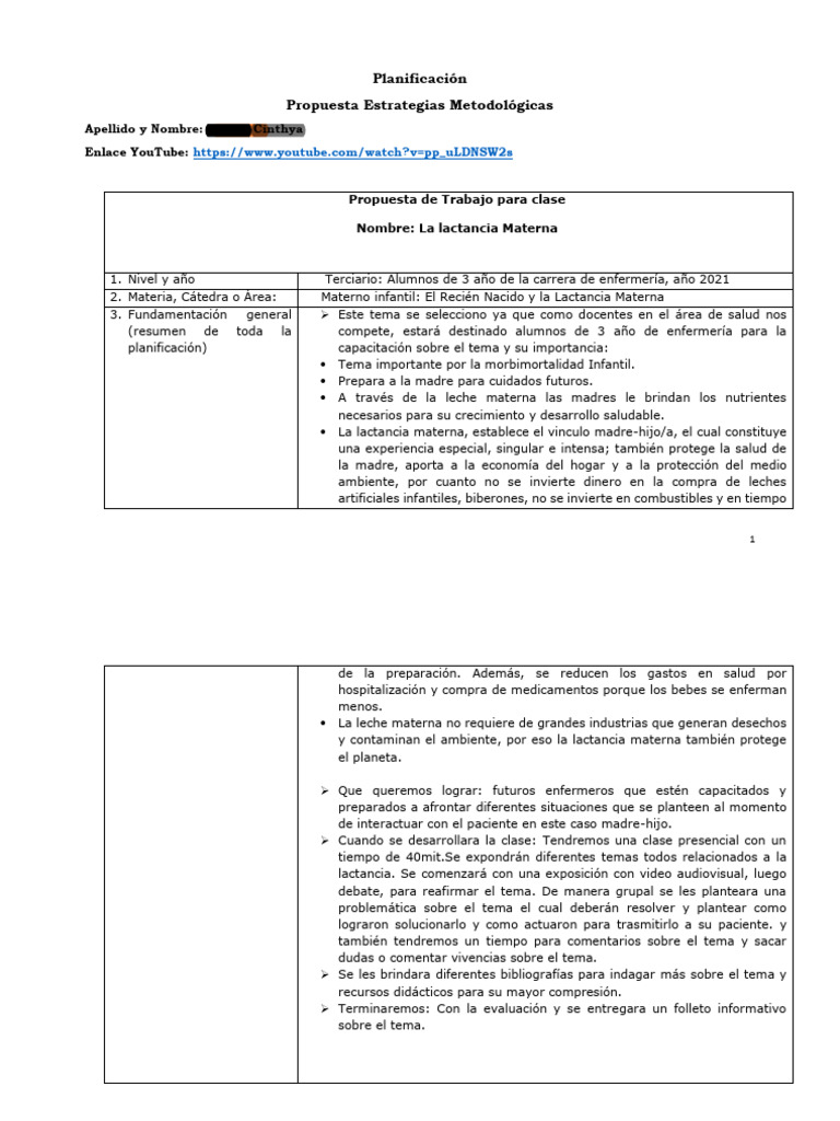 EJEMPLO Planificacion de Clase. | PDF | Evaluación | La leche materna