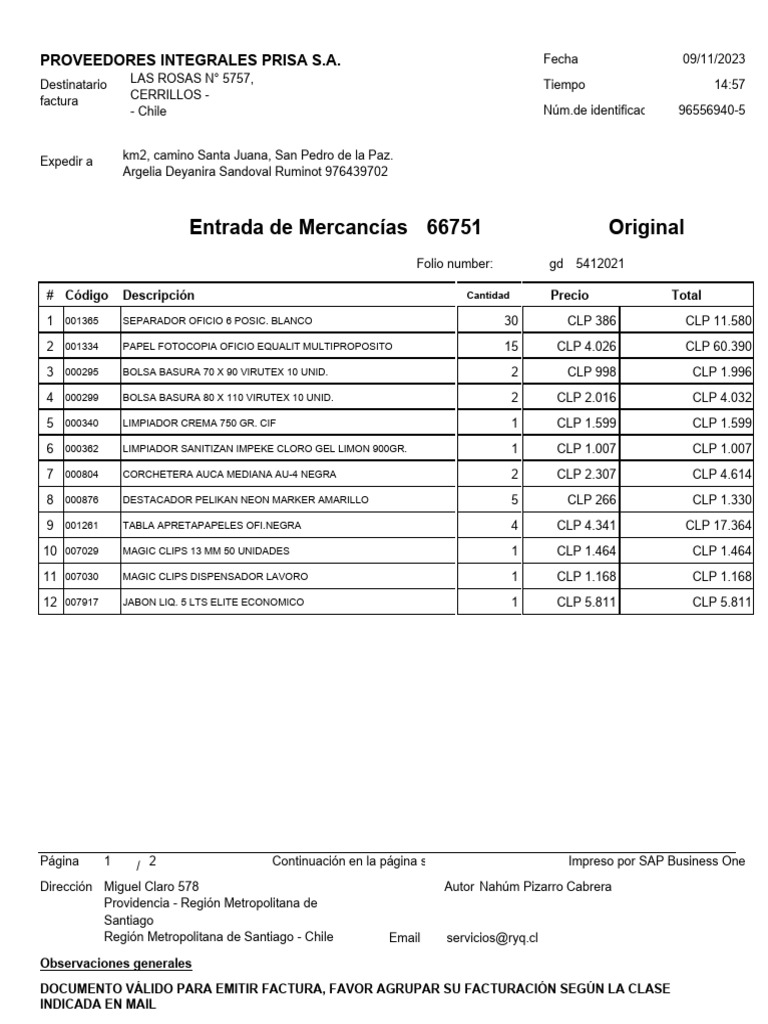 Entrada de Mercancías - 66751 | PDF | Documentos empresariales