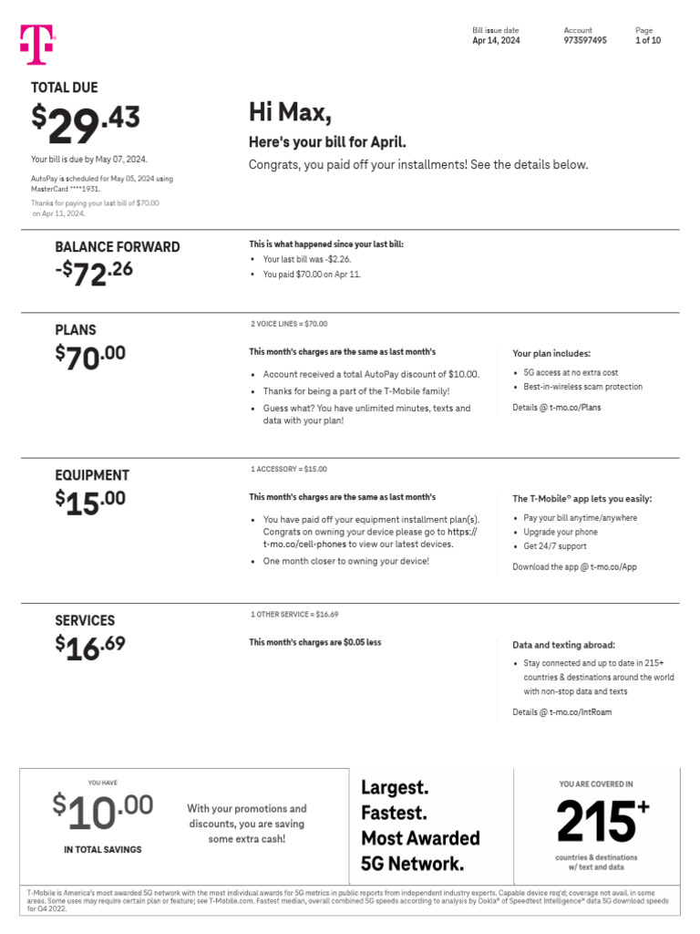 Hi Max,: Here's Your Bill For April | PDF | Fee | T Mobile Us