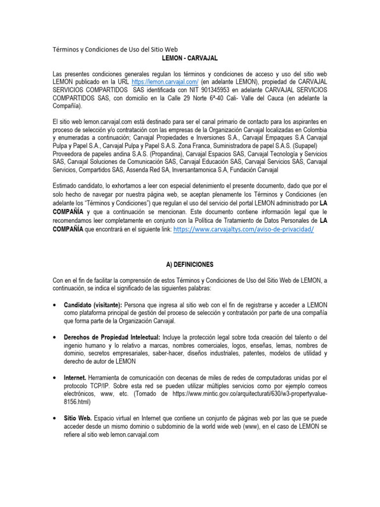 Términos y Condiciones de Uso Del Sitio Web LEMON V3.b0bac27c | PDF ...