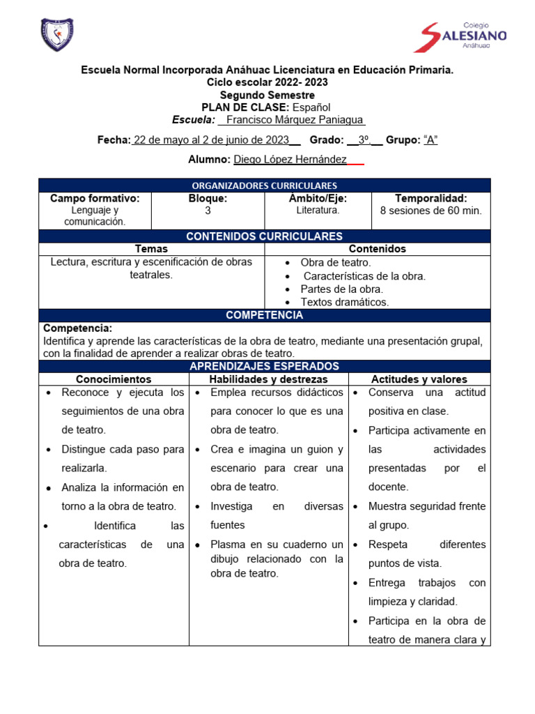 Planeacion Español Obra de Teatro | PDF | Teatro | Escuelas