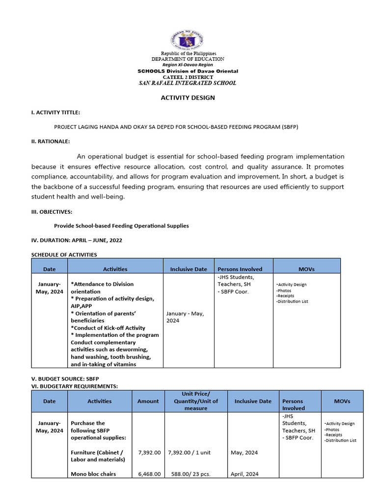 ACTIVITY DESIGN Provision of SBFP Operational Supplies | Download Free ...