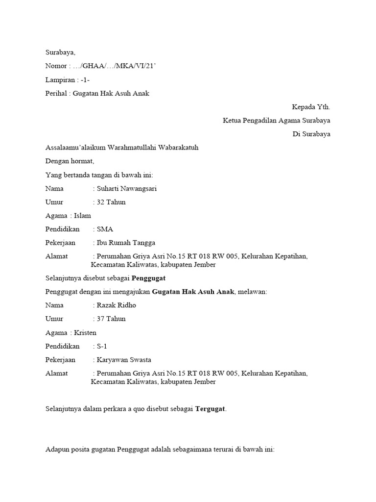 Gugatan Hak Asuh Anak REV | PDF | Hukum Gugatan Hak Asuh Anak REV | PDF | Hukum