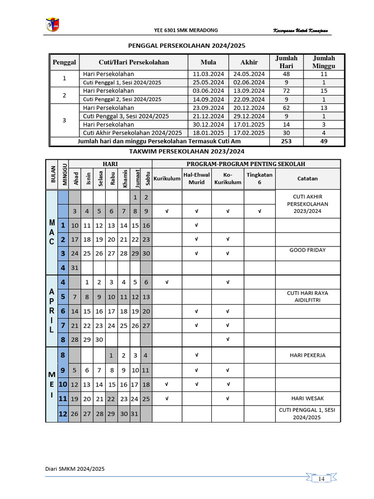 Takwim Sekolah 2024/2025 SMK Meradong | PDF