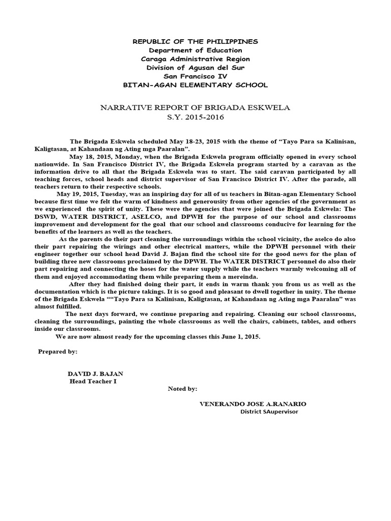 Brigada Eskwela Narrative Report | PDF | Teachers | Classroom