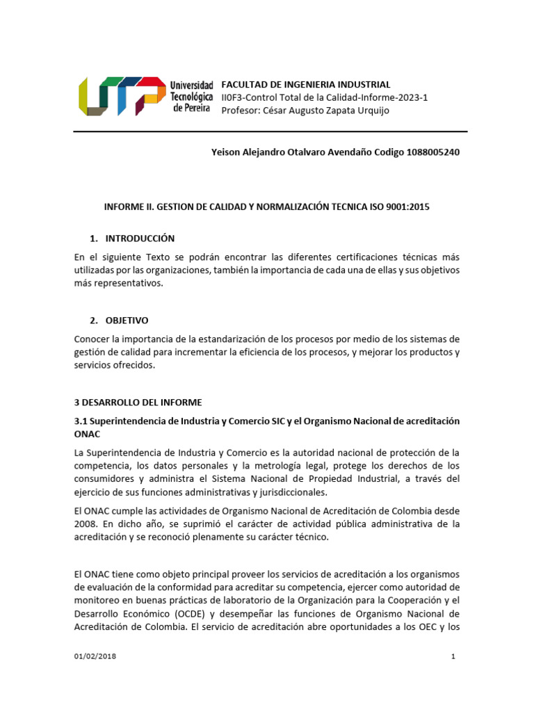 II0F3-Formato Ejecutivo-Informe 2 Yeison Otalvaro | PDF | Calidad (comercial) | Gestión de la ...