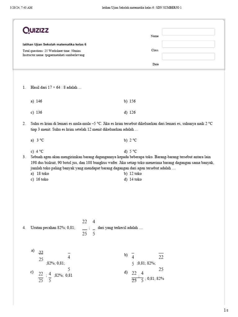 Latihan Ujian Sekolah Matematika Kelas 6 - Quizizz | PDF