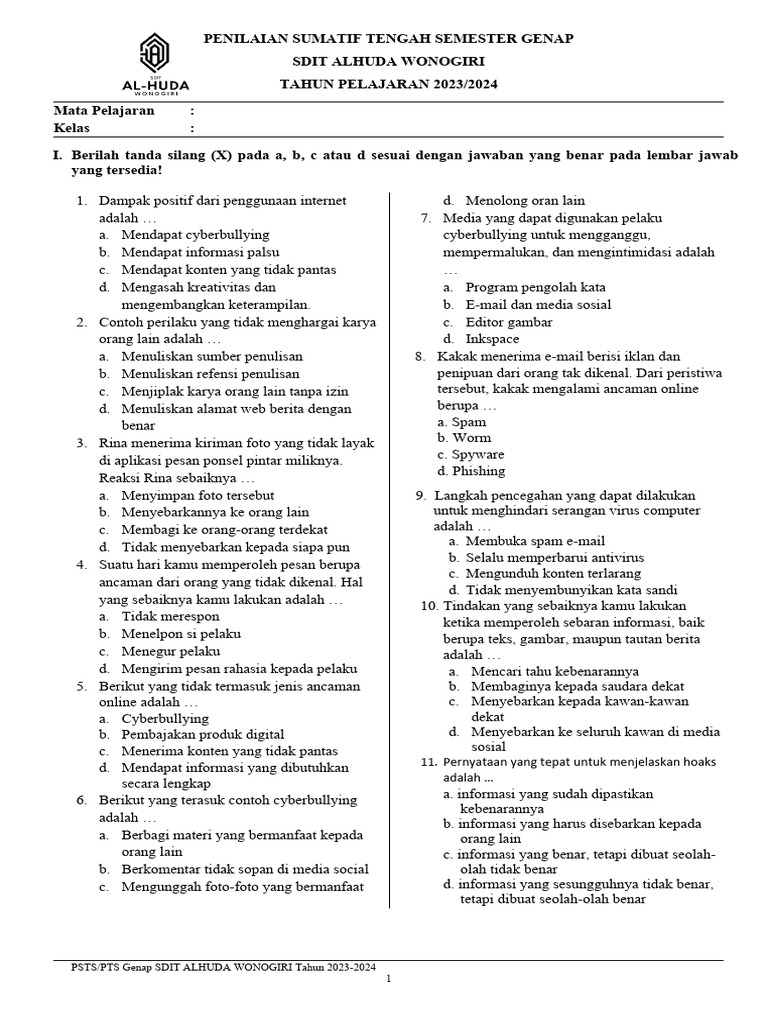 Contoh Format Soal Kelas 3 - 6 | PDF