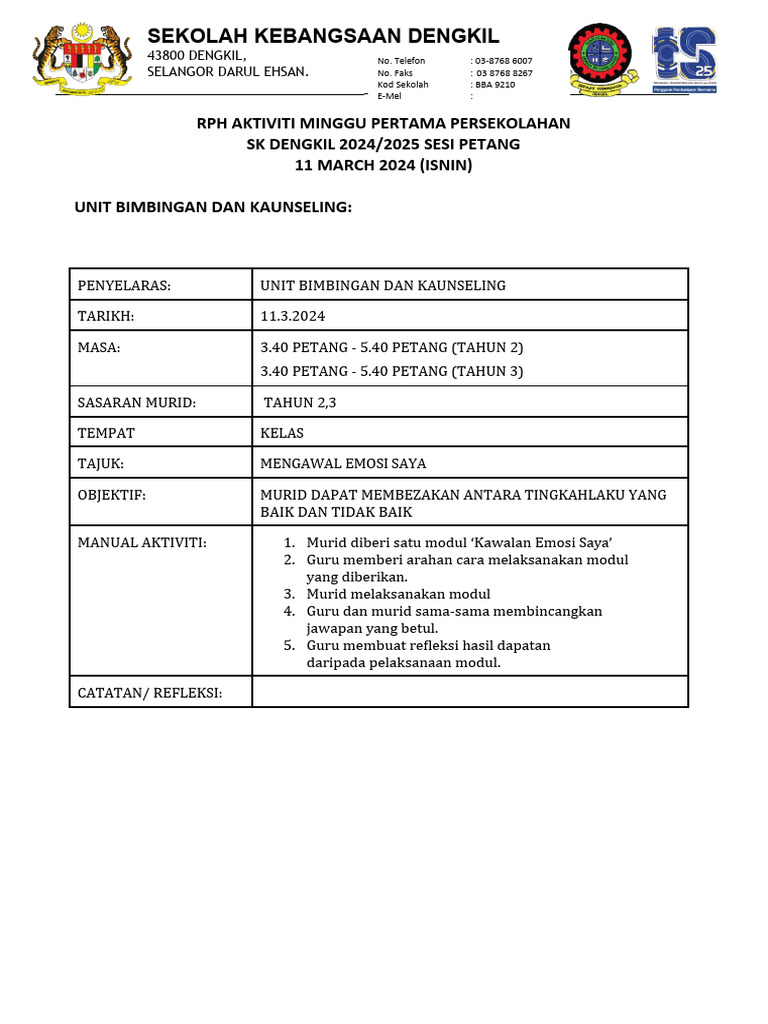 Sesi Petang RPH Minggu Pertama Persekolahan | PDF