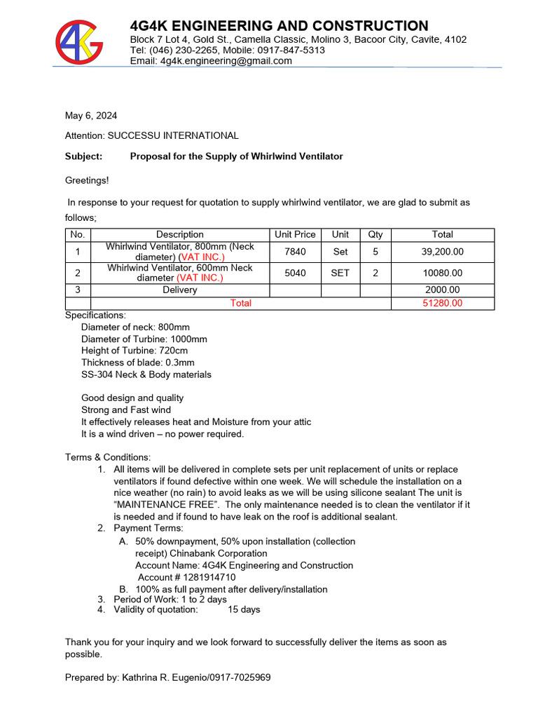 Whirlwind Ventilator Supply Proposal | PDF | Home & Garden | Technology & Engineering