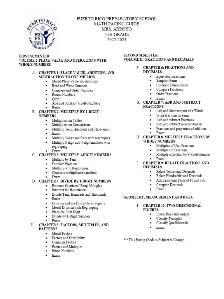4th Grade MATH Pacing Guide | PDF | Numbers | Multiplication
