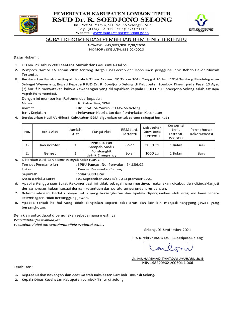 Surat Rekomendasi Solar | PDF