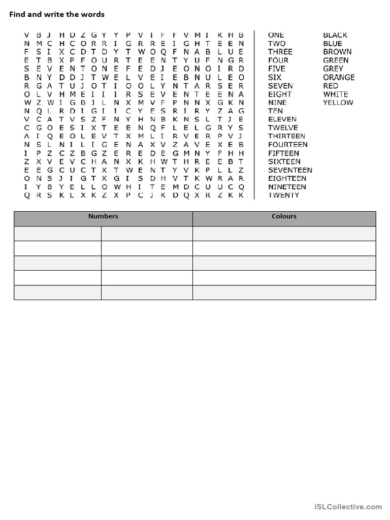 Numbers and Colours Wordsearch | PDF