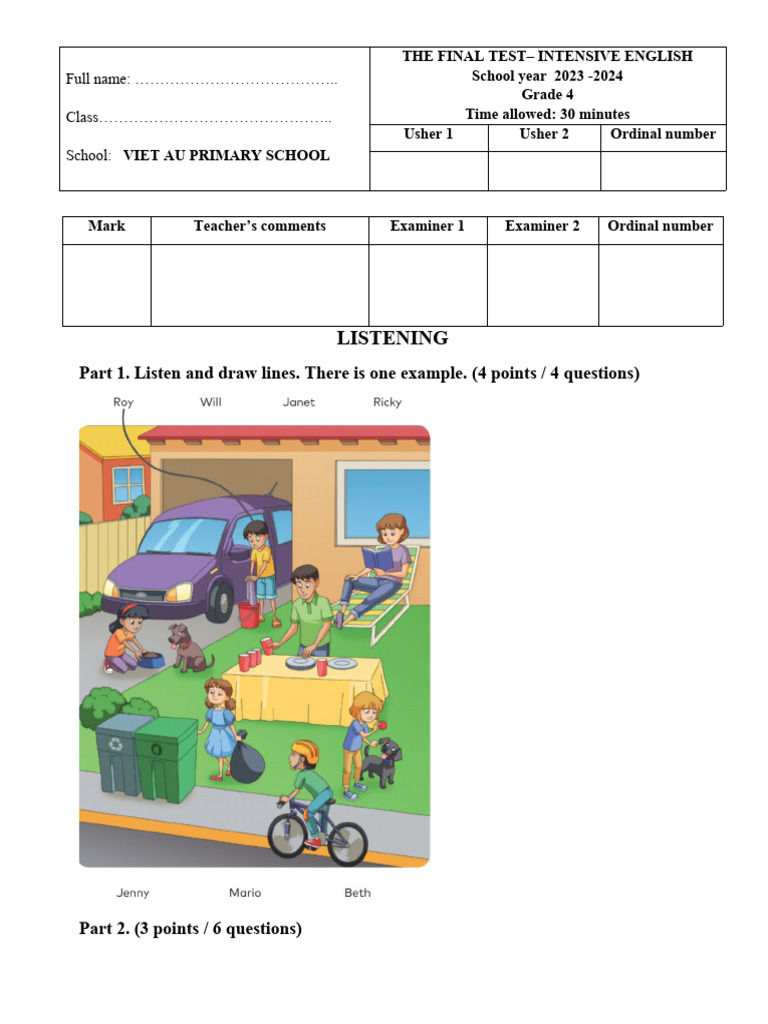 GRADE 4- FINAL TEST 2- LISTENING-READING-WRITING | PDF