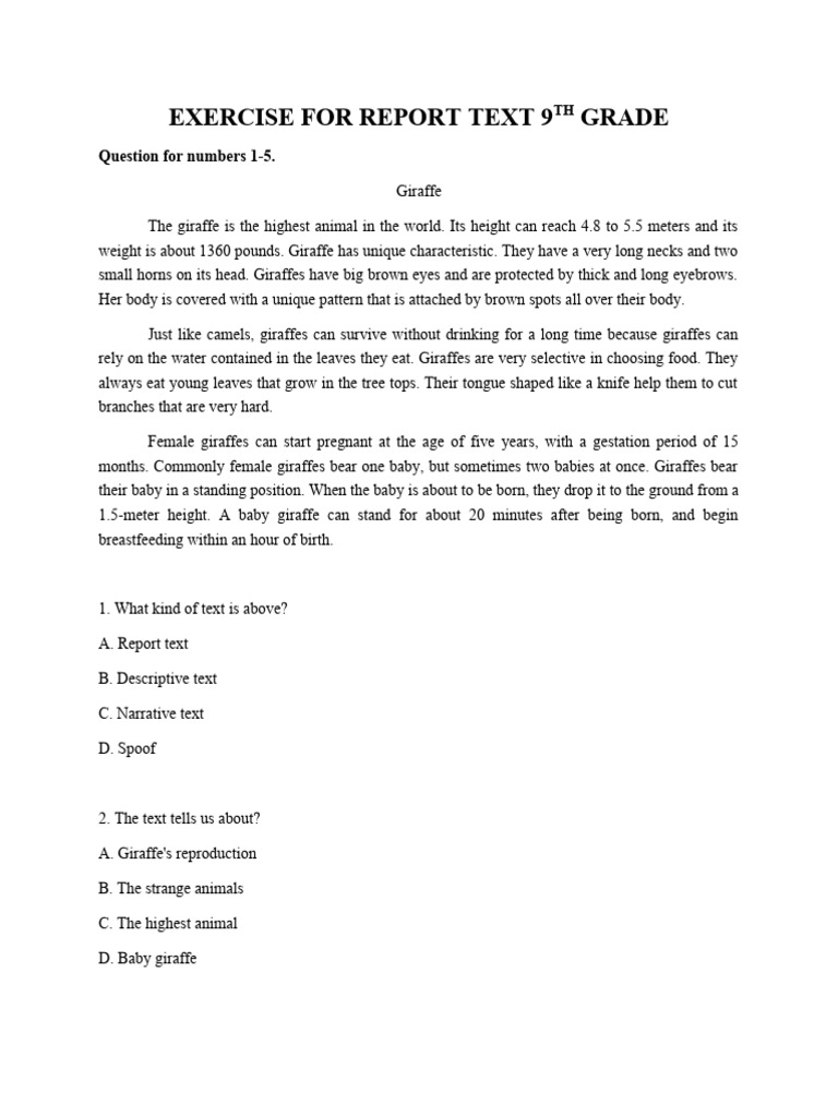 Exercise For Report Text 9TH Grade | PDF | Giraffe | Ant