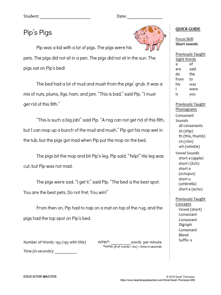 Pip's Pigs: Student: - Date | PDF | Phonics | Consonant