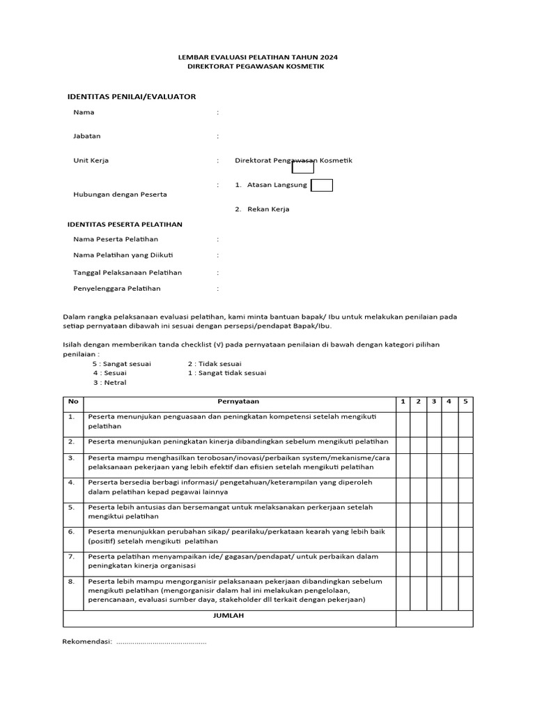 Form Evaluasi Hasil Pelatihan - Kosong | PDF