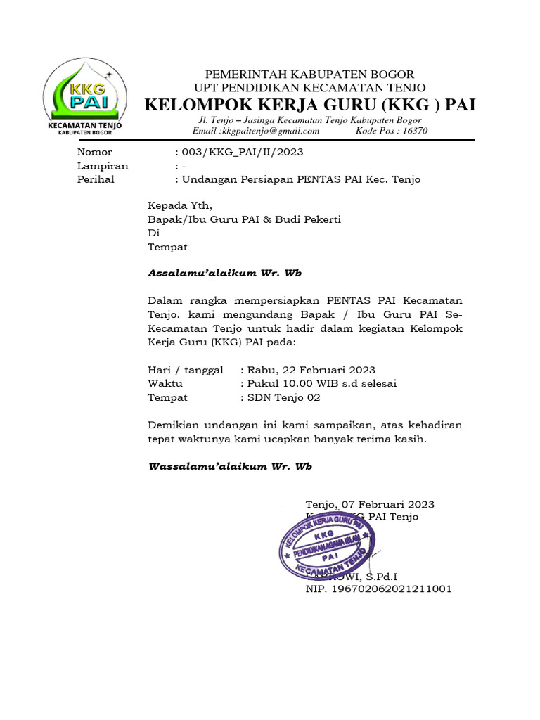 Undangan KKG PAI Kecamatan Tenjo | PDF